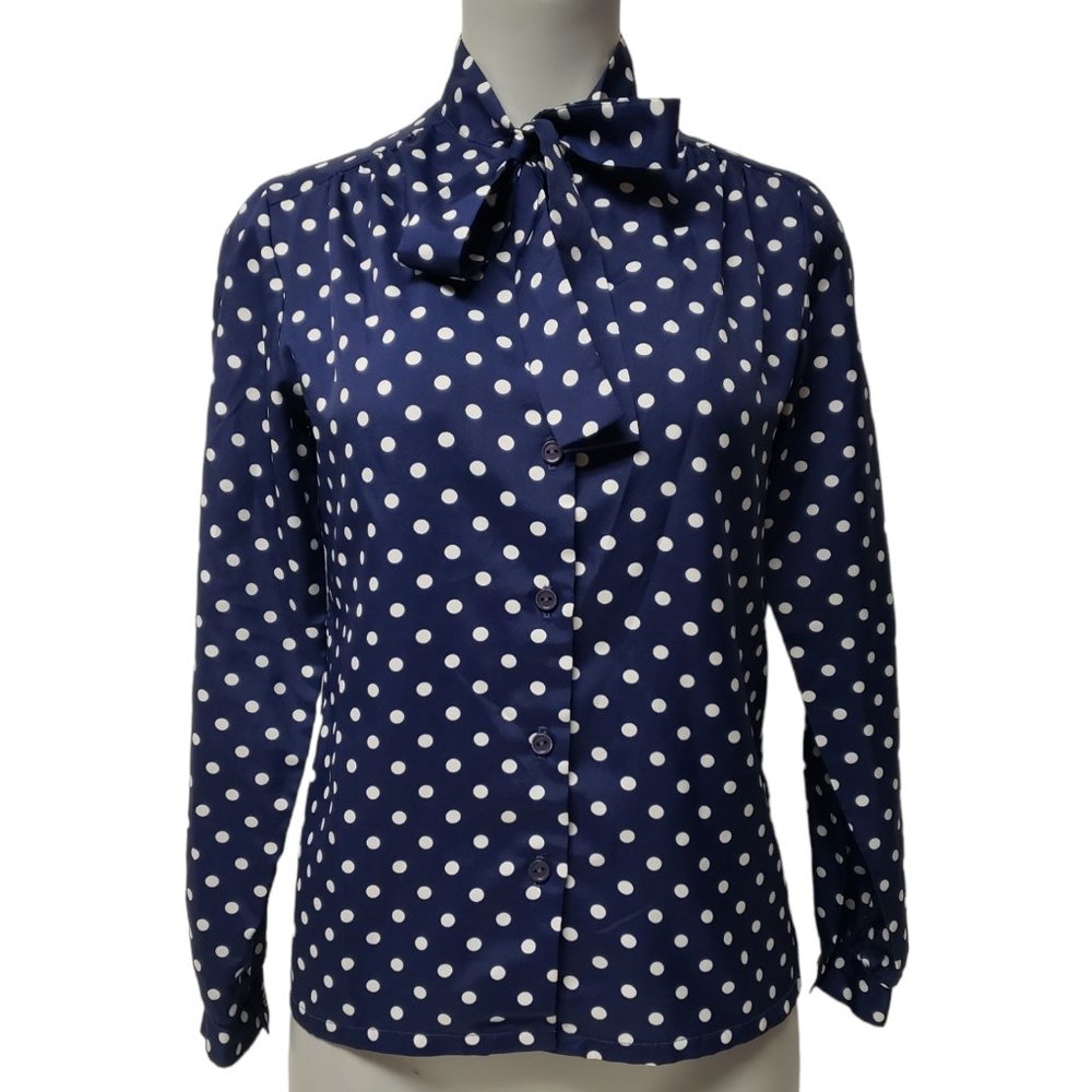 70s David Strauss Polka Dotted Long Sleeve Pussy Bow … - Gem